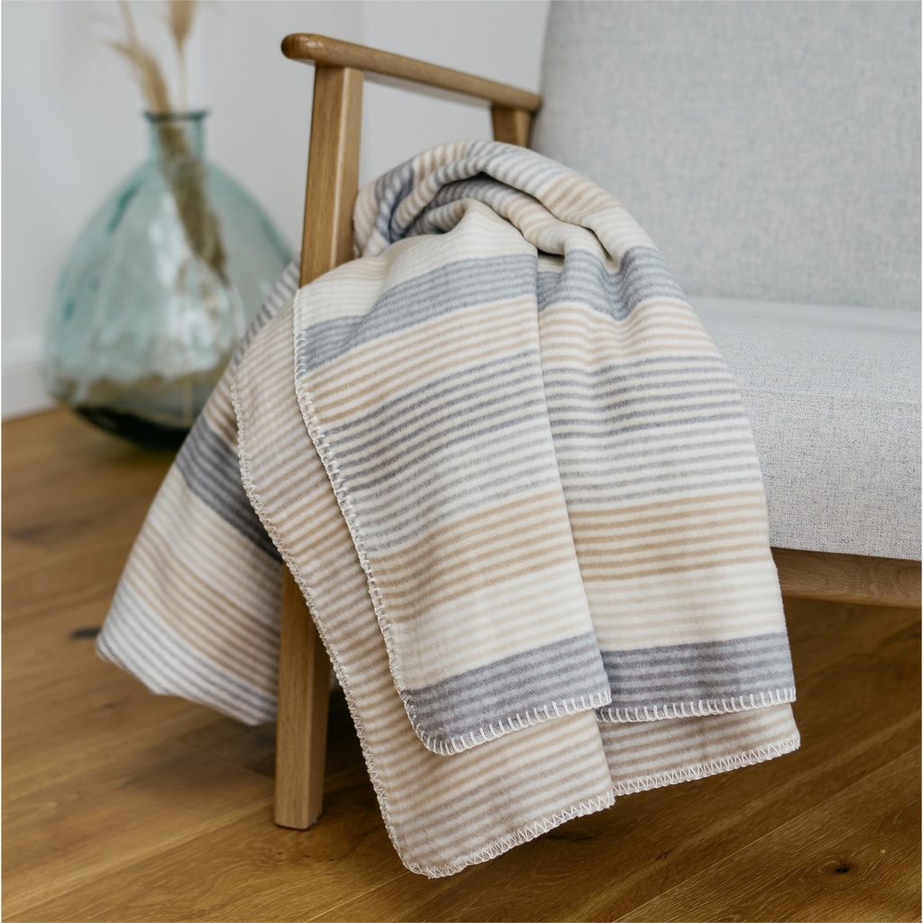 Neutral Grey / Beige Striped Cotton Blend Throw Blanket by IBENA